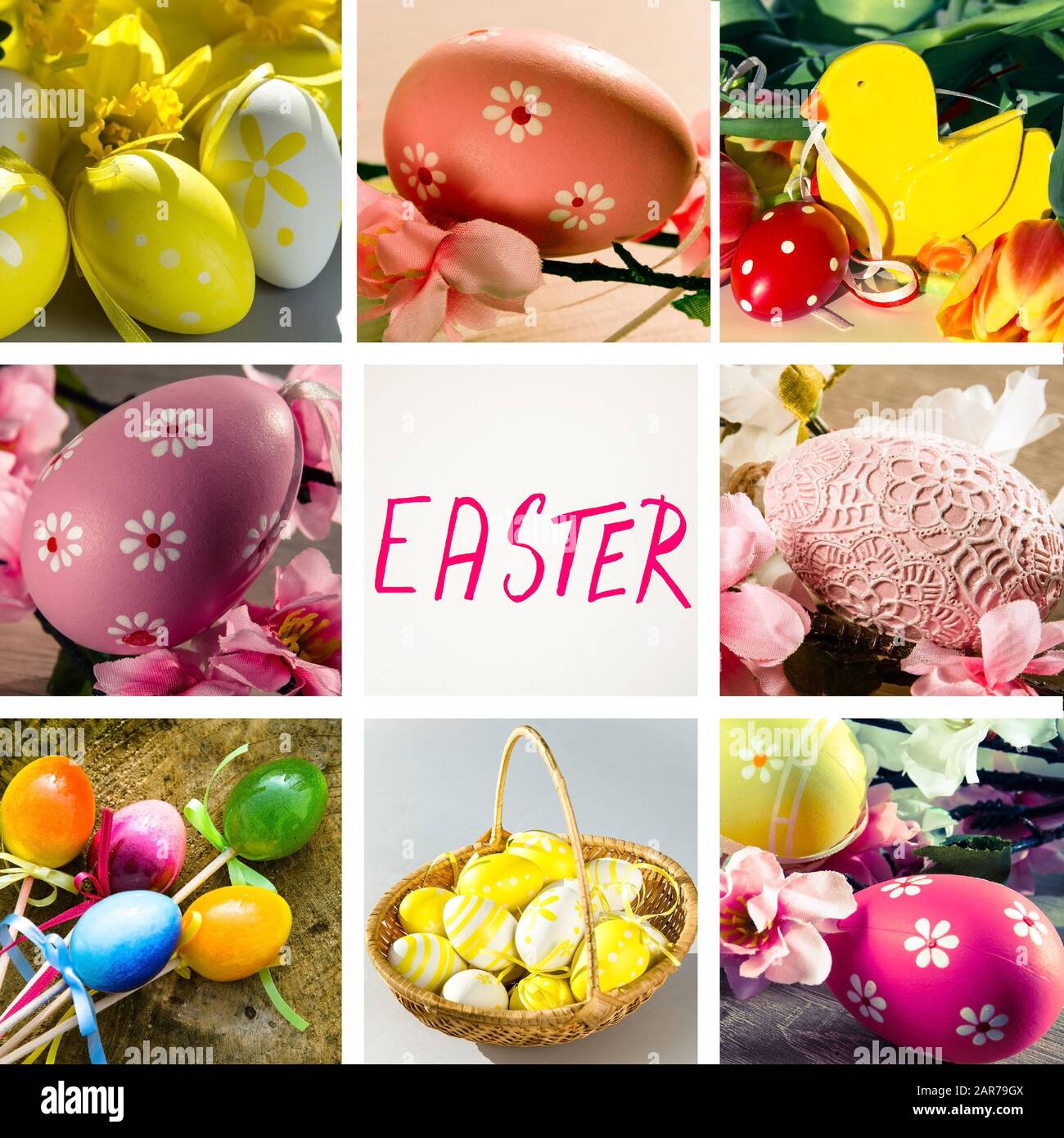 easter collage from easter eggs and decorations Stock Photo - Alamy