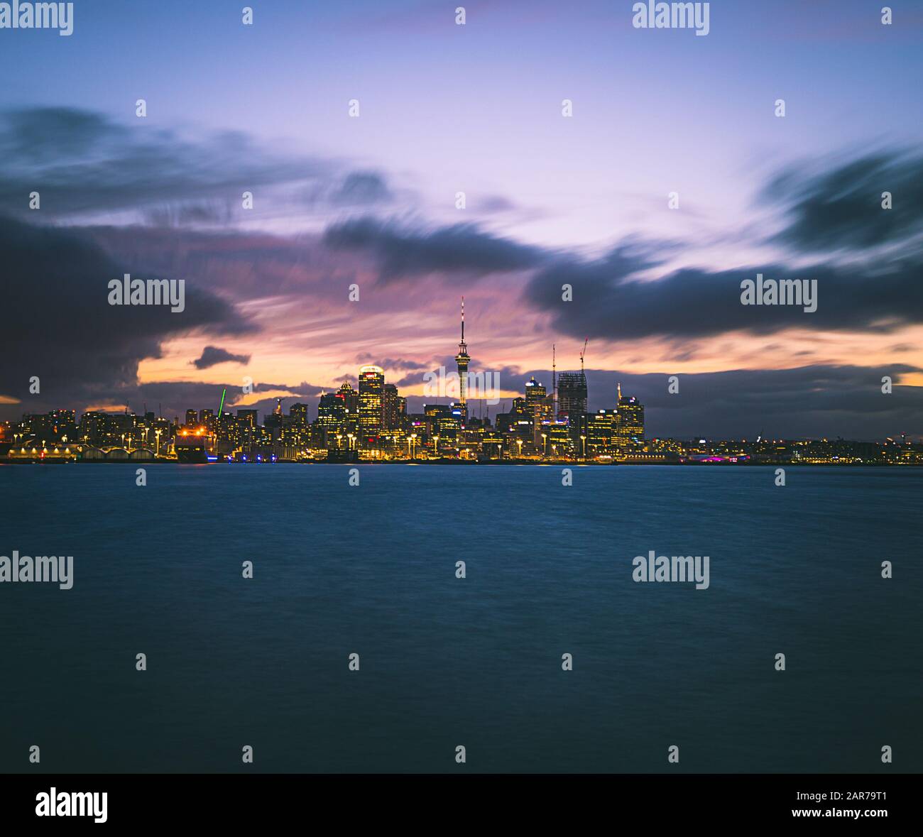 Skyline photo of Auckland. The photo was taken during sunset across the ...
