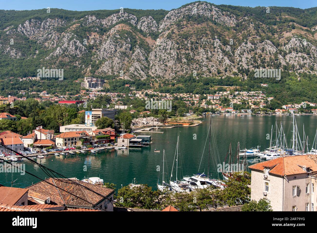 Kotor bay view with Kotor old town and harbour in the centre. Scenic ...