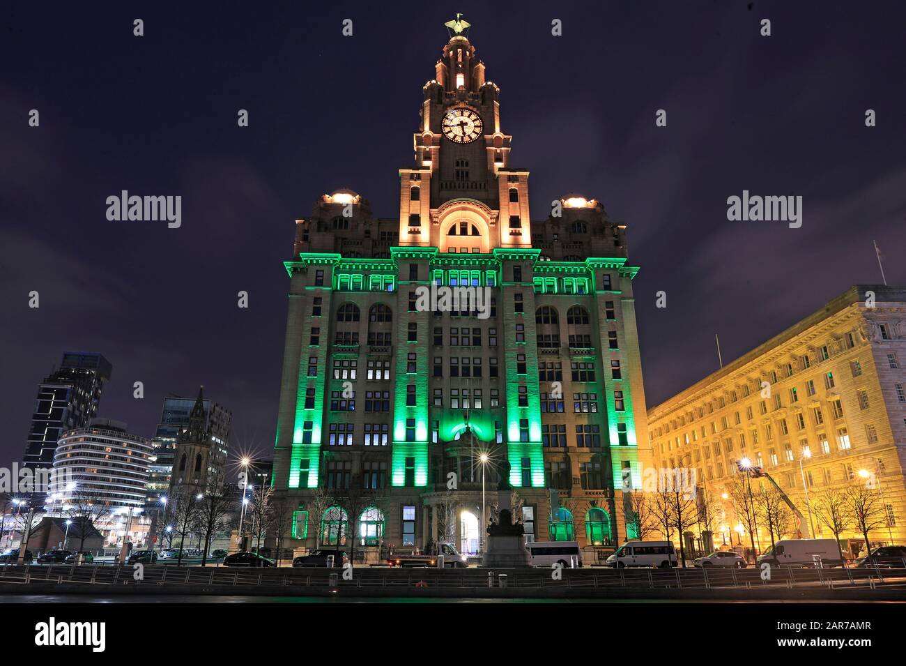 The Royal Liver Building in Liverpool lit up with the colours of gold ...