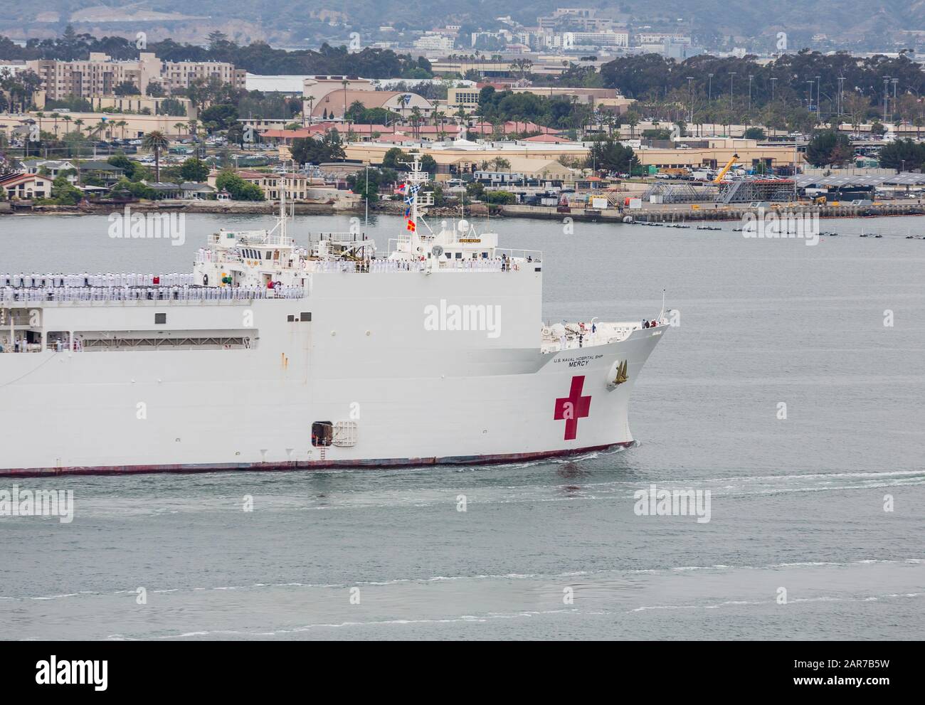 United States Naval Ship Mercy sailing into San Diego Harbor Stock ...
