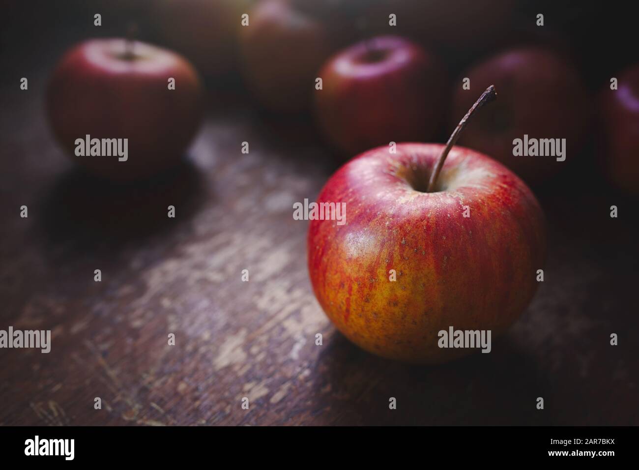 Organic grown, imperfect, fresh, shiny red apples, one in front, on a ...