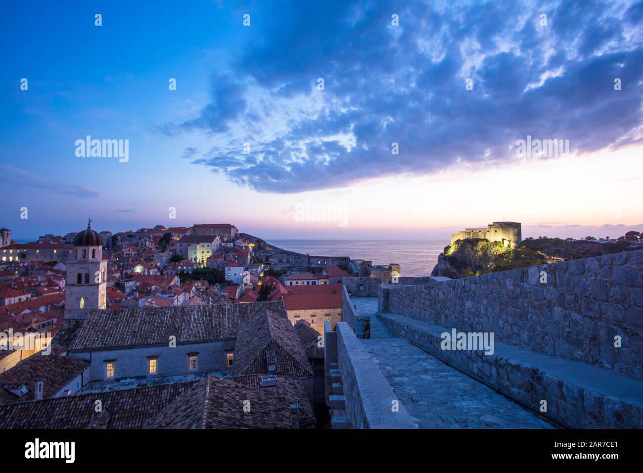 Dubrovnik old town sunset from the top of the city walls. Pictured on ...