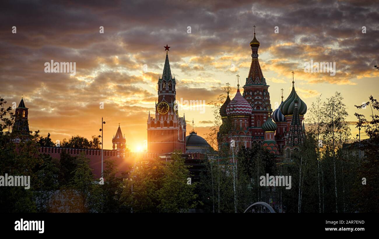 Moscow Kremlin and St Basil's Cathedral at sunset, Russia. It is the ...
