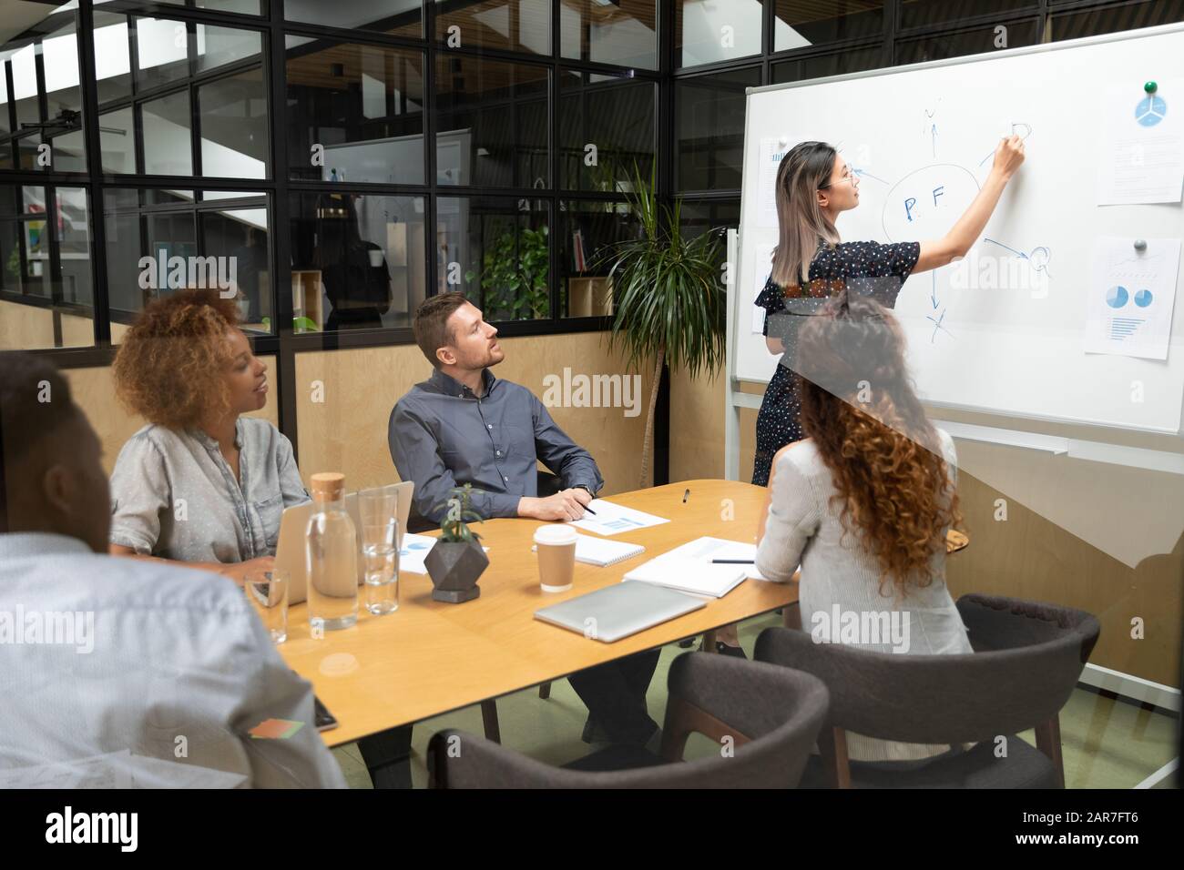 Female employee presenting plan on board for diverse colleagues Stock ...