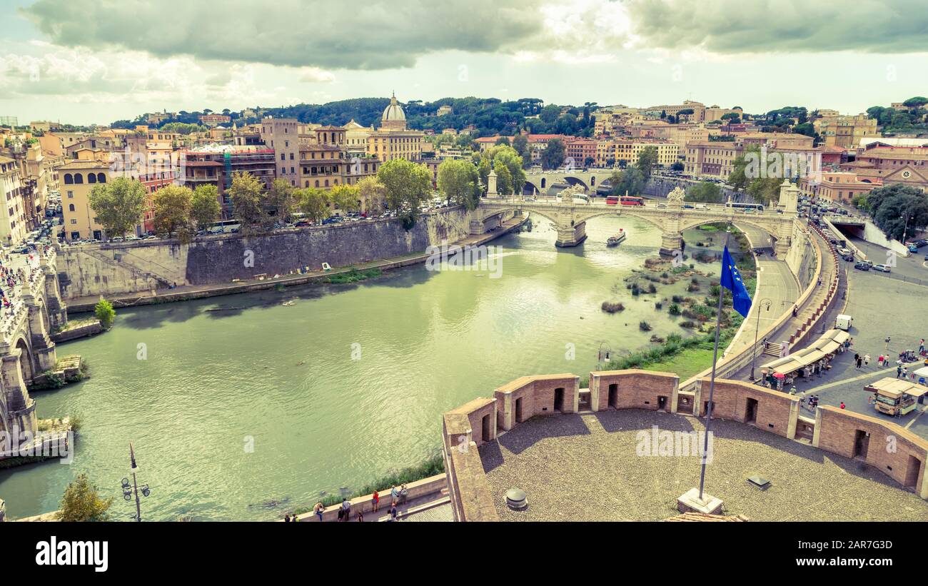 Aerial panoramic view of Rome from Castel Sant'Angelo in summer, Italy ...