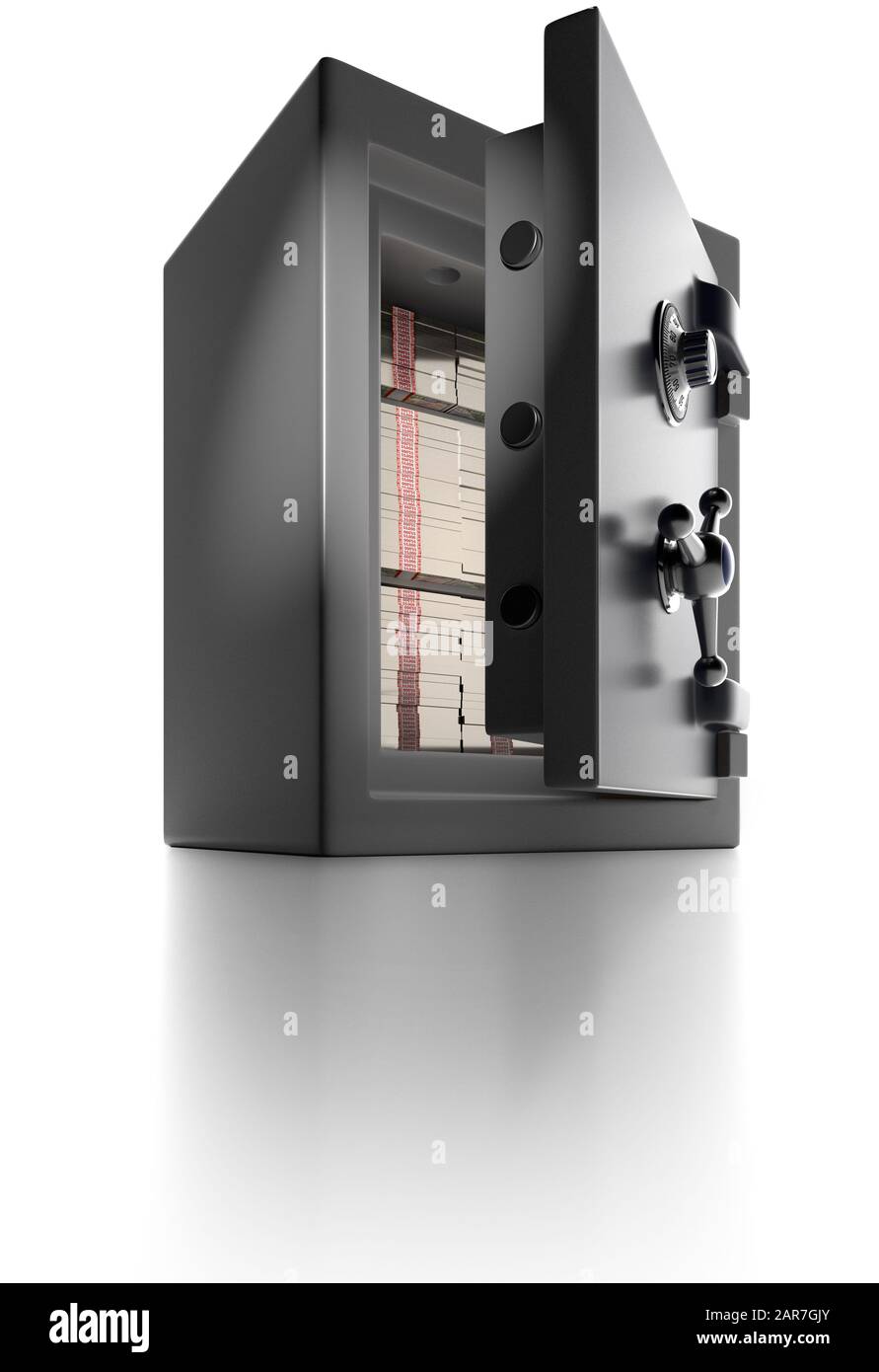 Safe with open door full of money. White background Cash. Dollars Stock ...