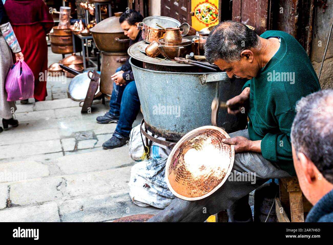 FES, MOROCCO, 21,04,2019: Unidentified people make traditional metal ...