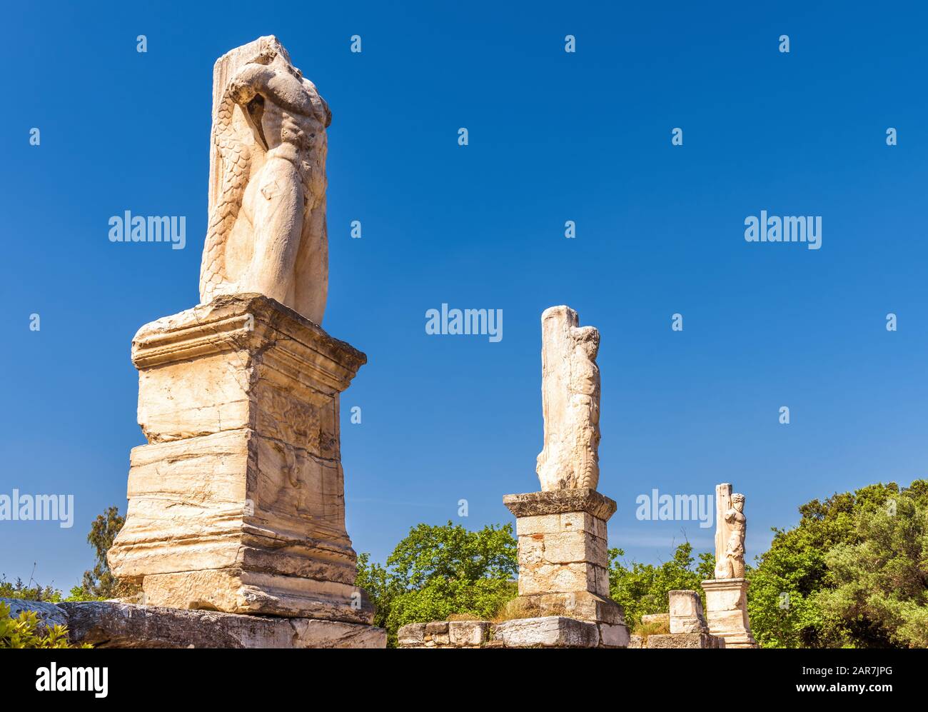 Statues on the ancient Agora, Athens, Greece. Scenic view of the ...