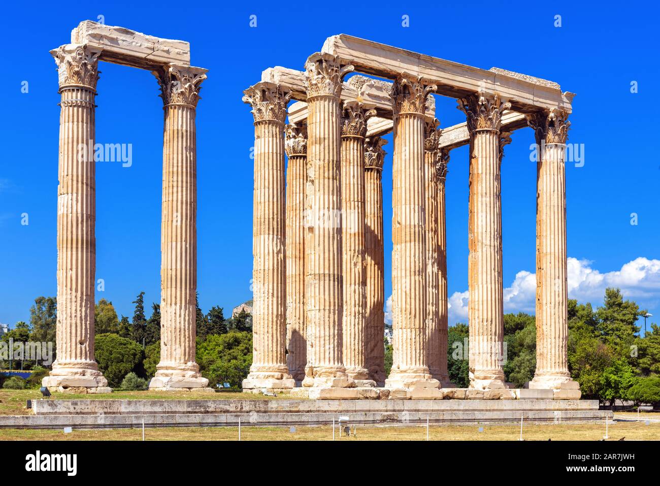 Olympian Zeus temple in summer, Athens, Greece. It is one of top landmarks of Athens. Majestic ...