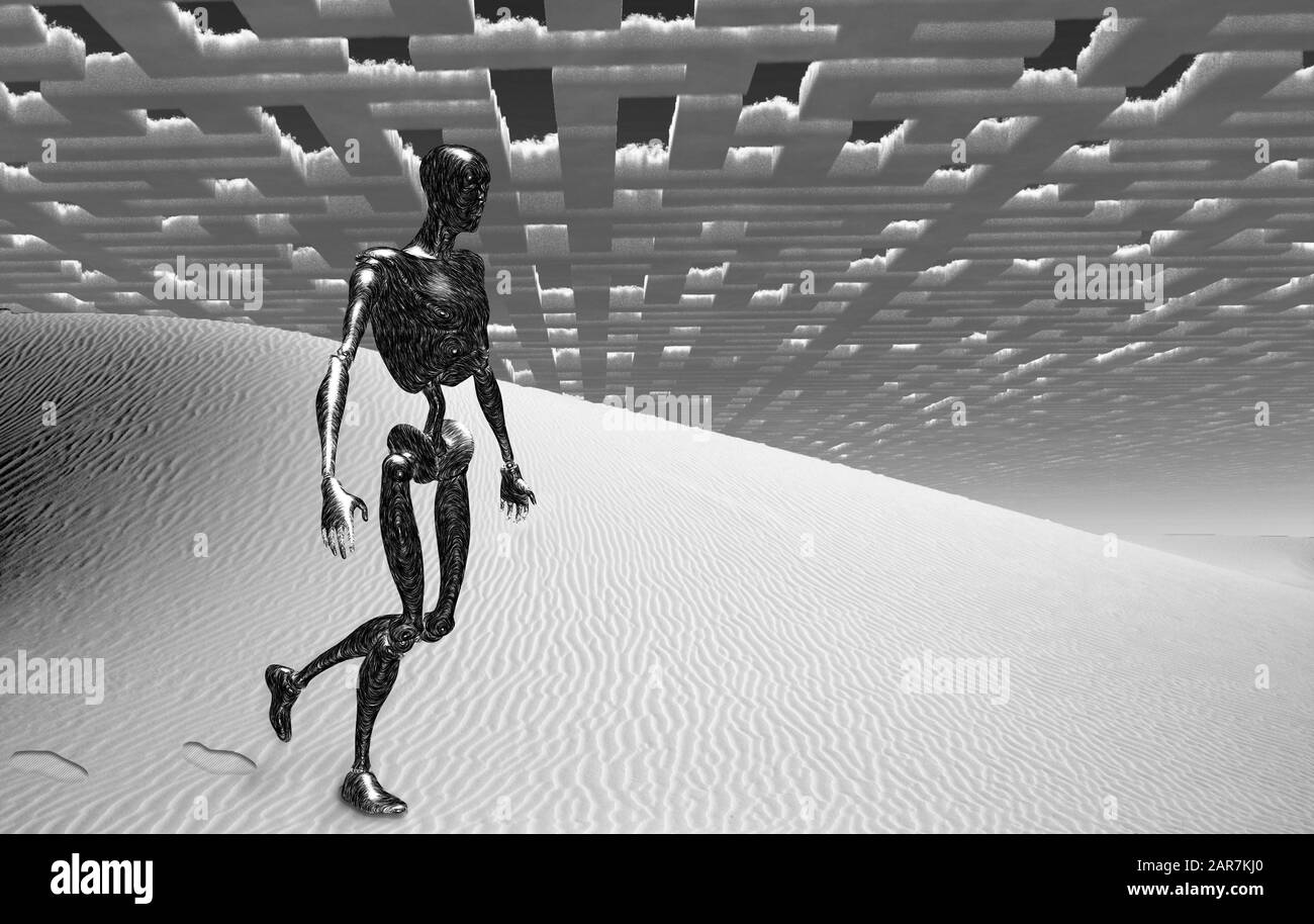 Alien robot in surreal white desert Stock Photo - Alamy