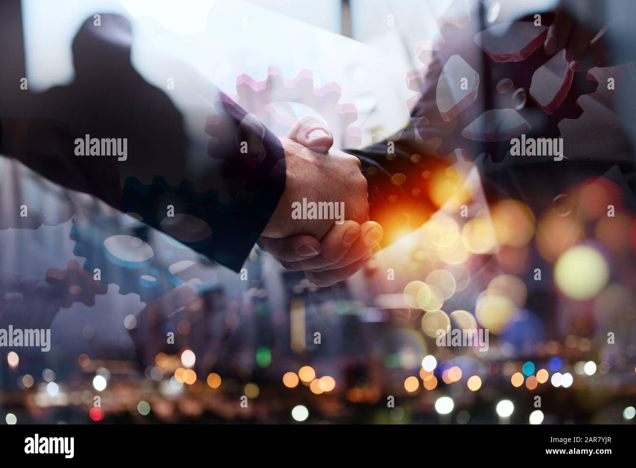 Business team connect pieces of gears. Handshake overlay. Teamwork ...