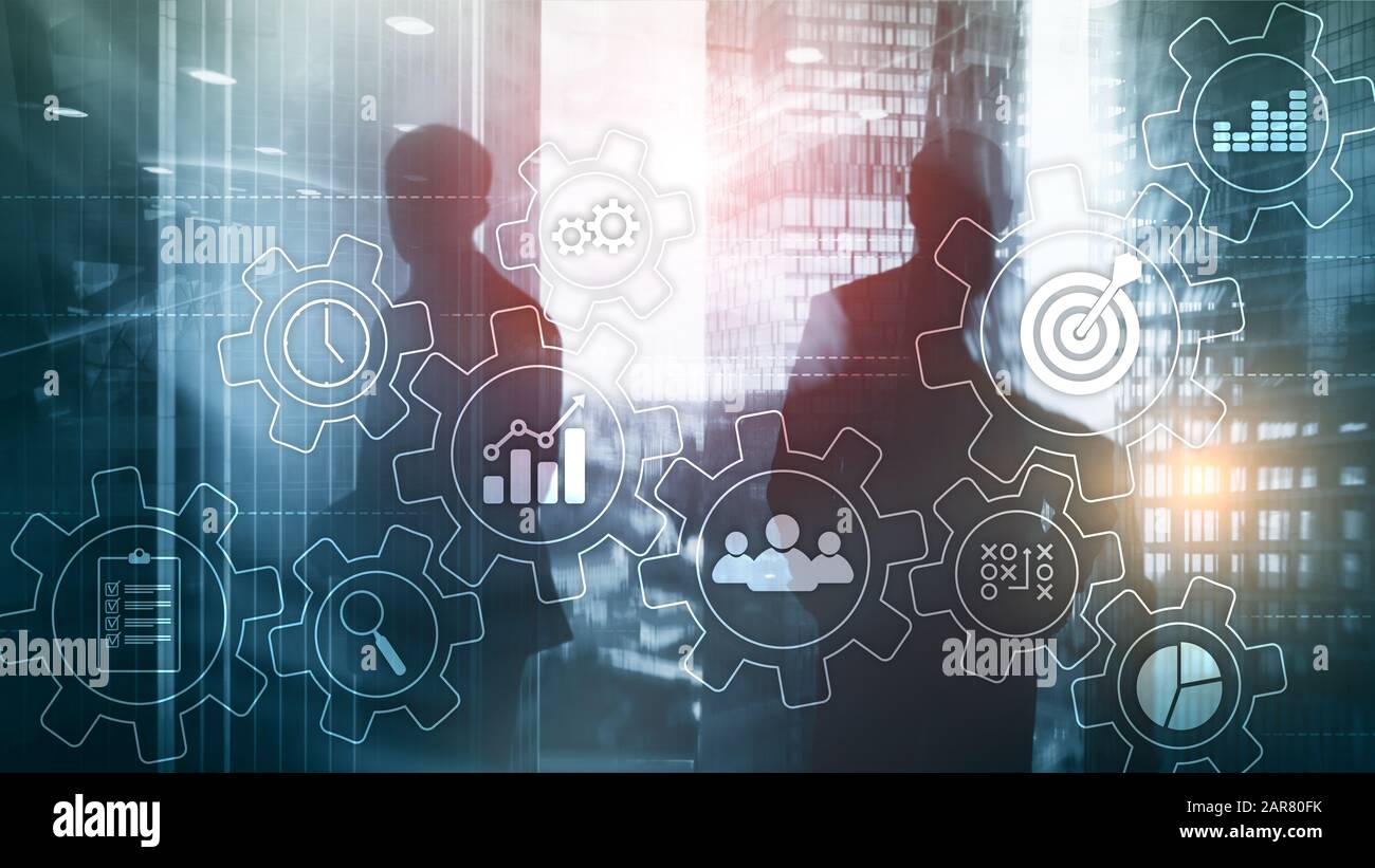 Business process automation concept. Gears and icons on abstract ...