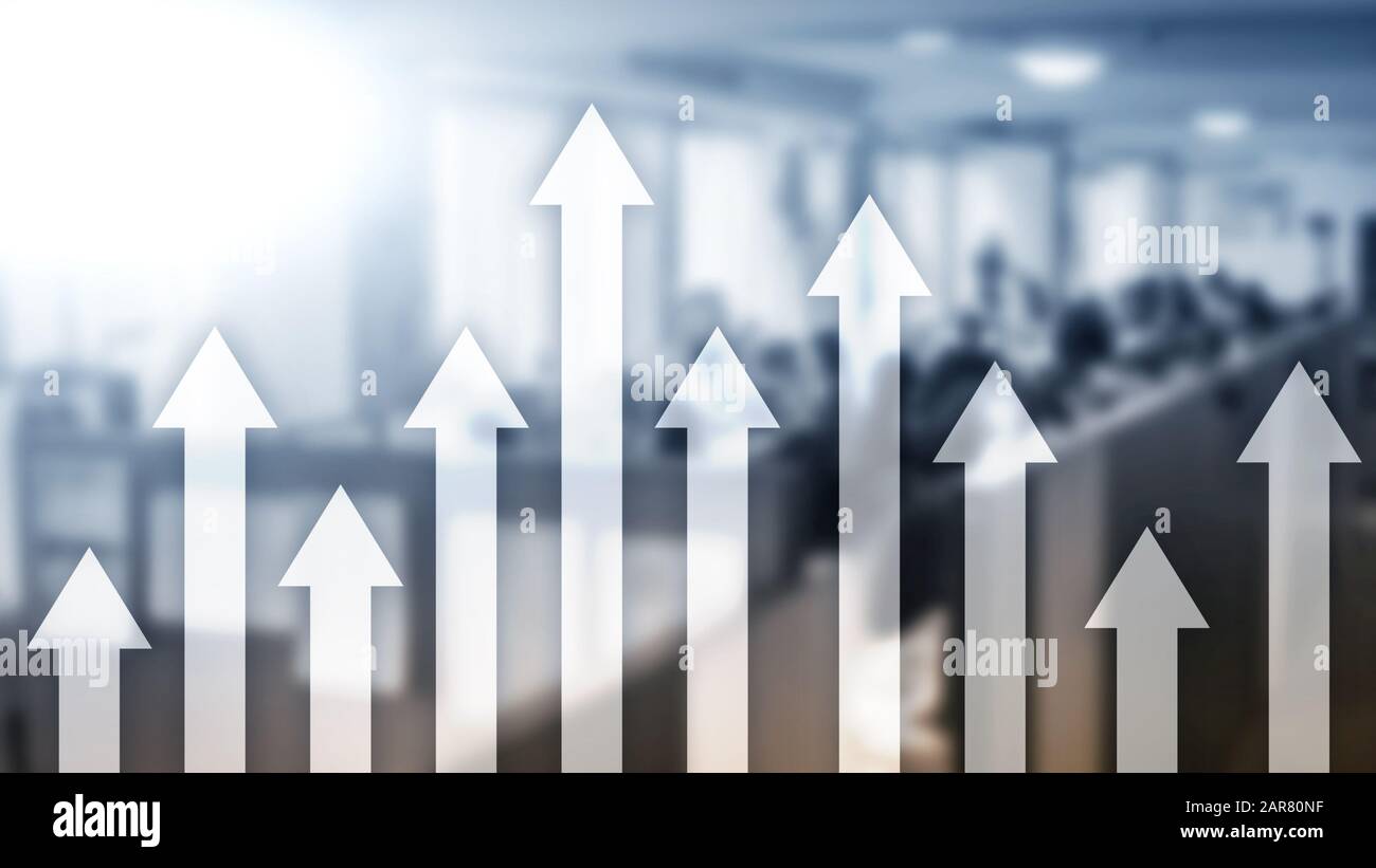 Up arrow graph on skyscraper background. Invesment and financial growth ...