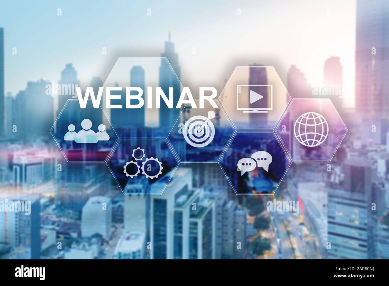 Webinar on virtual screen. Inscription on blurred office background ...