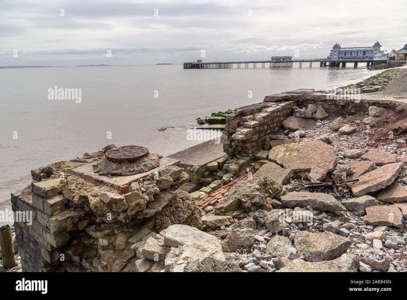 Remains of building under cliffs at Penarth, Cardiff, Wales, UK Stock ...