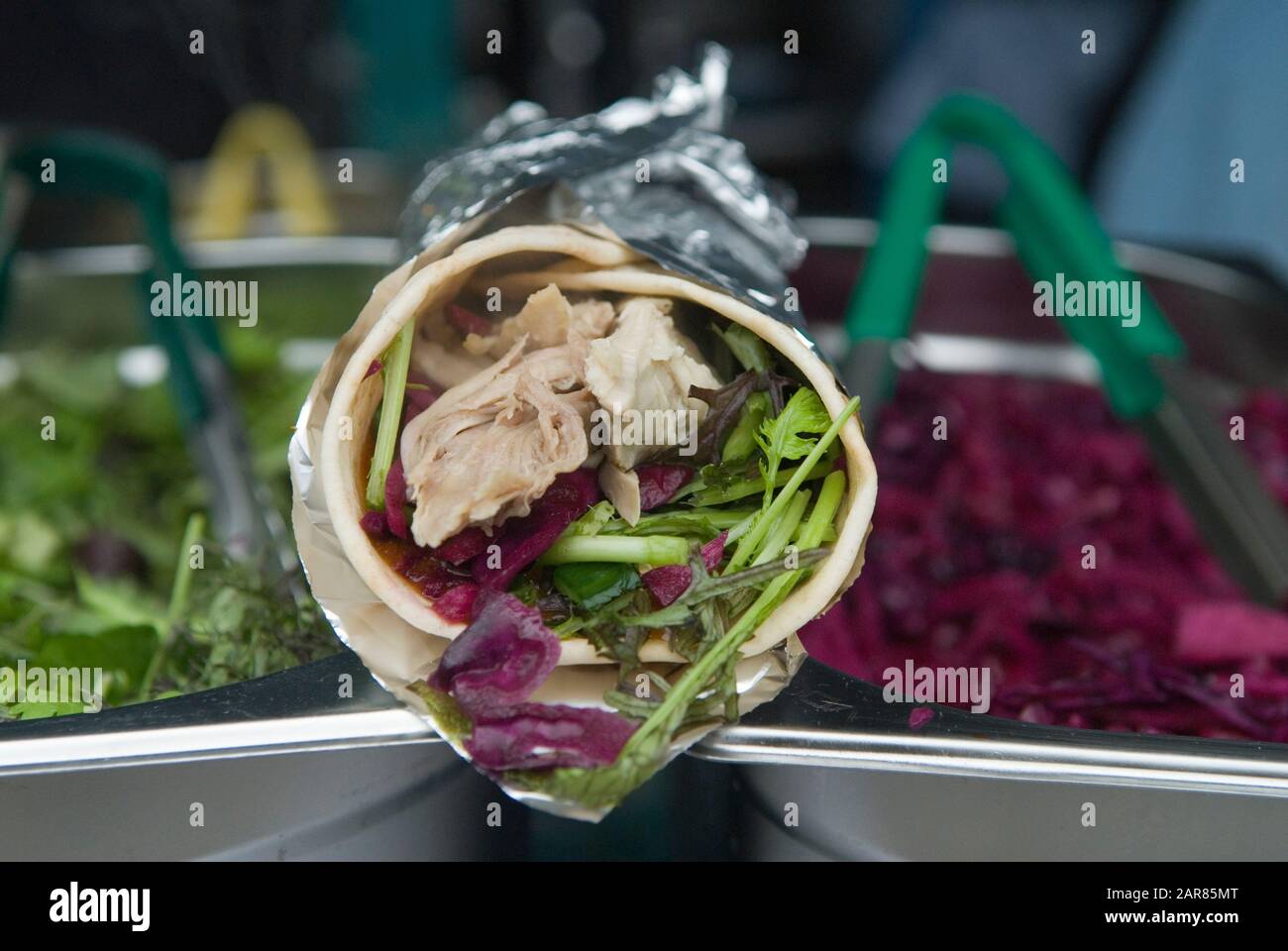 Fast take away food free range chicken and salad served at a Farmers ...