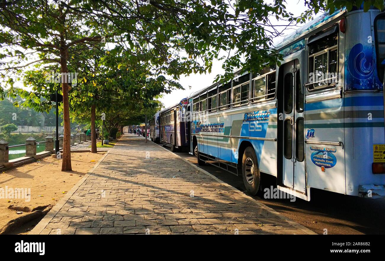 A column of buses parked at the bus station, near the pedestrian zone ...
