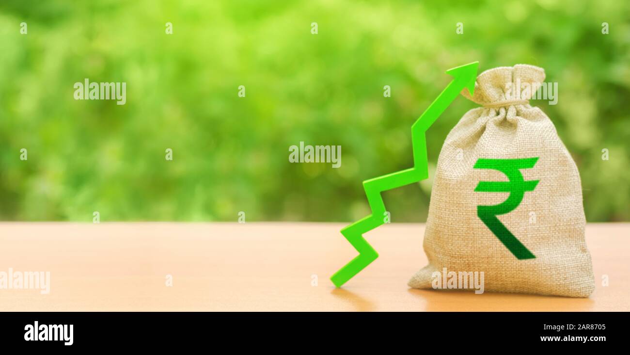 Indian rupee money bag and a green arrow up. Stability, prosperity ...