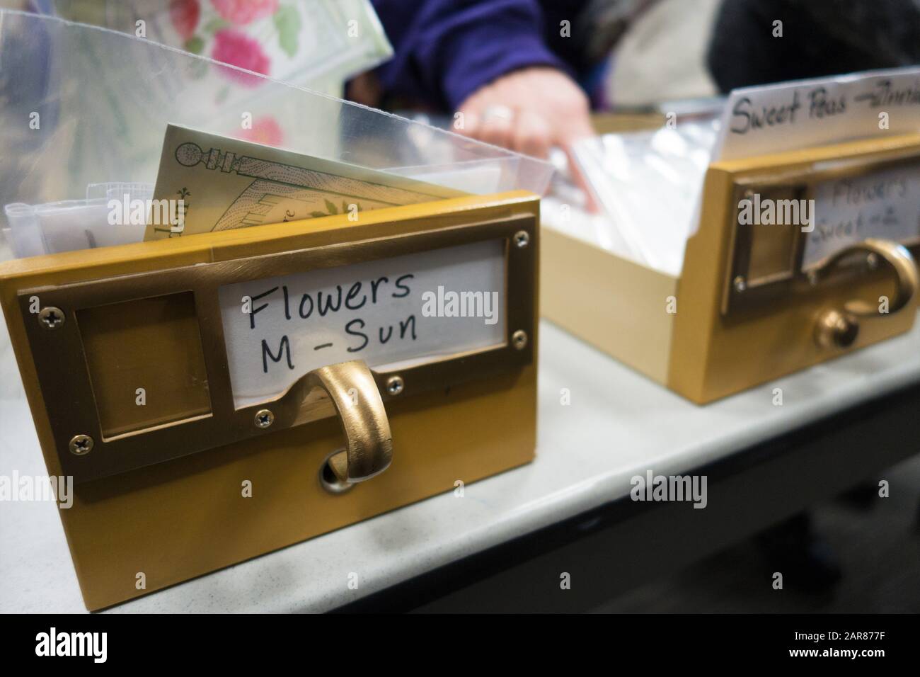 People select seeds to take home at the opening of the seed sharing ...