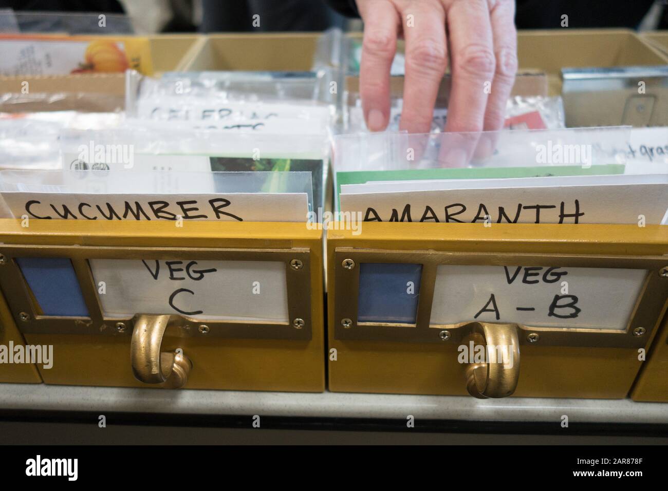 People select seeds to take home at the opening of the seed sharing ...