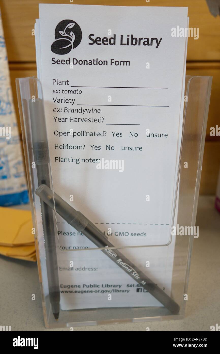 Donation forms at the seed library, a part of the public library in ...