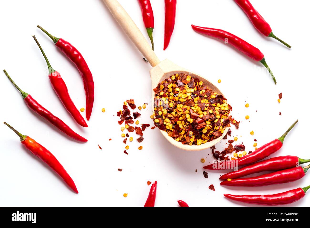 Flat lay chili pepper spices and fresh hot red chilli peppers, isolated ...