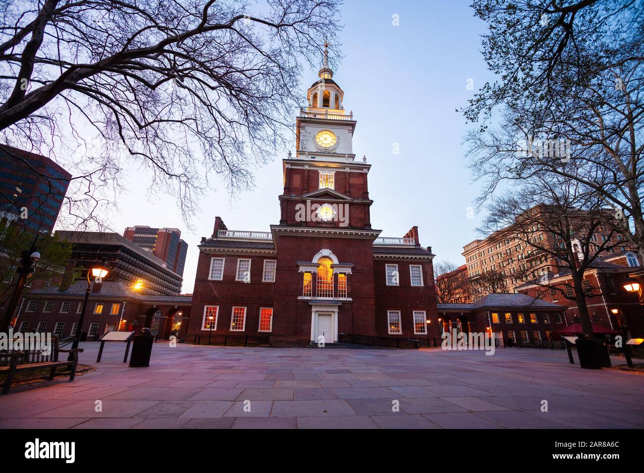 Illuminated Independence Square and Hall during evening dusk time in ...