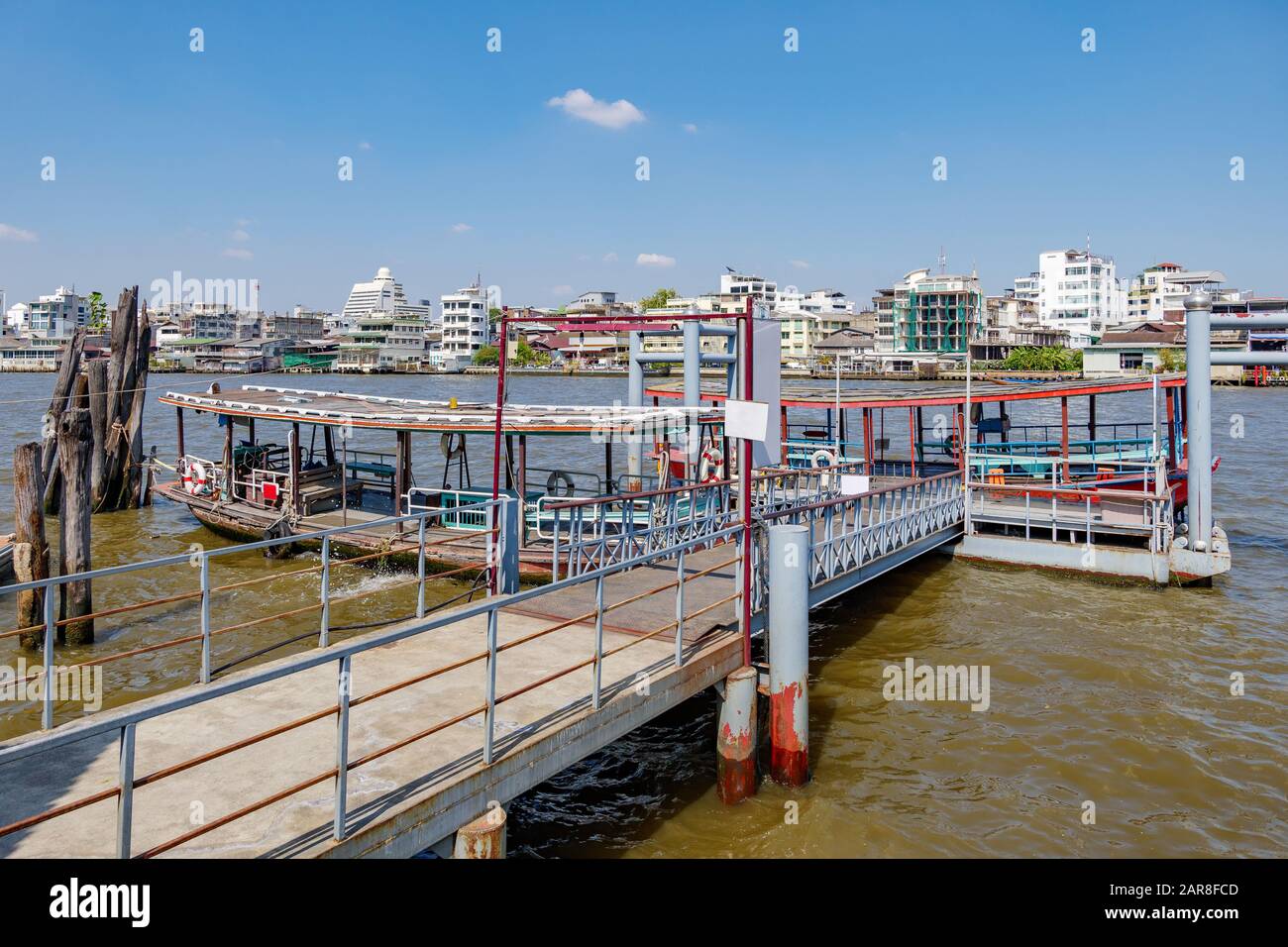 Floating steel pontoon, pier or dock without people and small pontoon ...