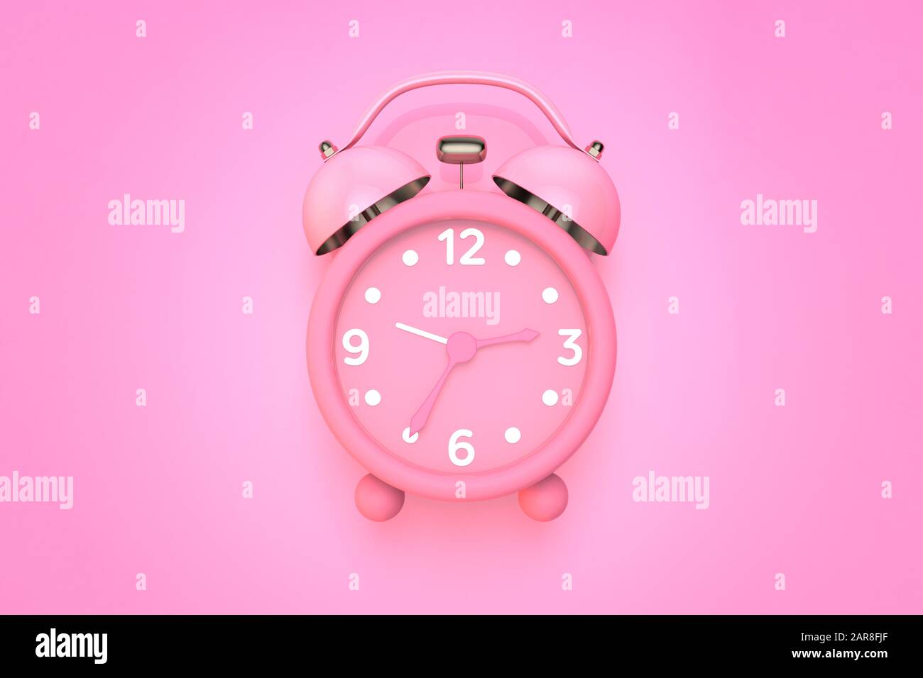 Bright pink alarm clock lying on pink background. Retro round alarm ...