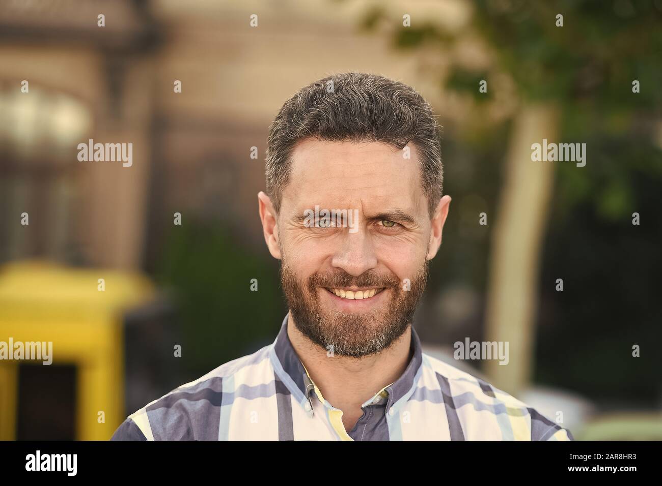 Smiling mature man. Handsome bearded guy portrait close up. Facial hair ...