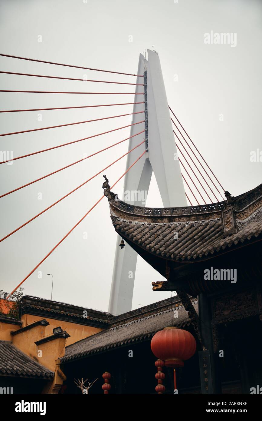 Bridge with old house and city urban architecture in Chongqing, China ...