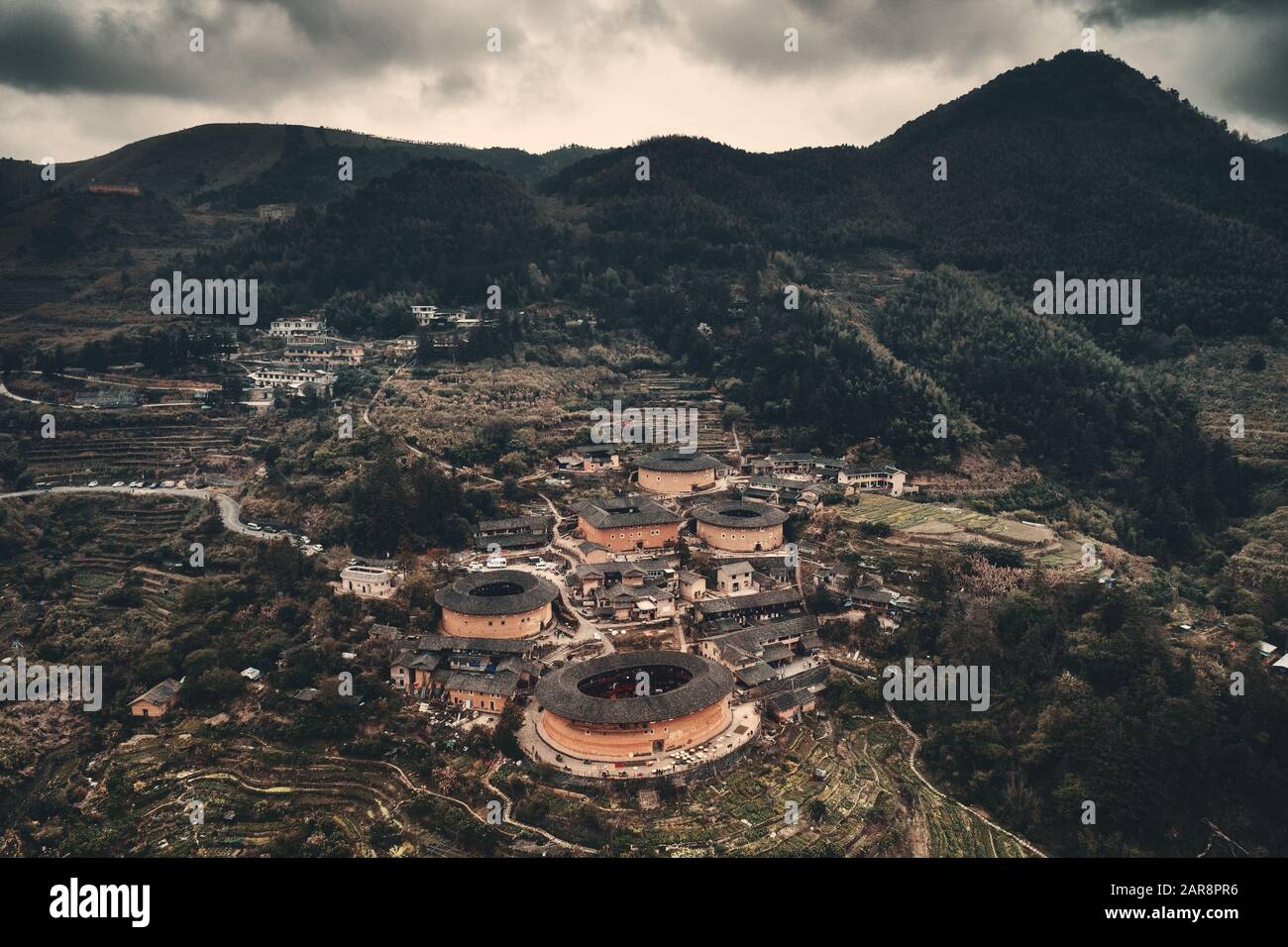 Aerial view of Tulou, the unique dwellings of Hakka in Fujian, China ...