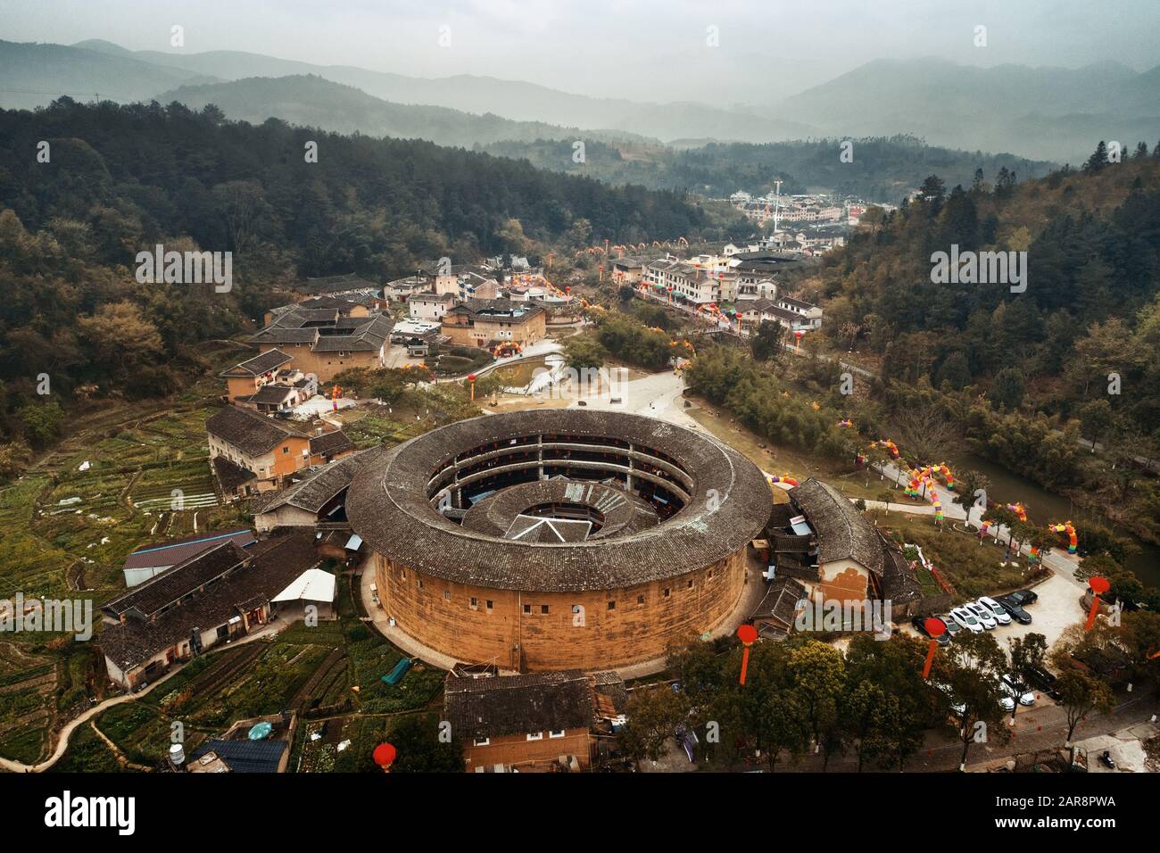 Aerial view of Tulou, the unique dwellings of Hakka in Fujian, China ...