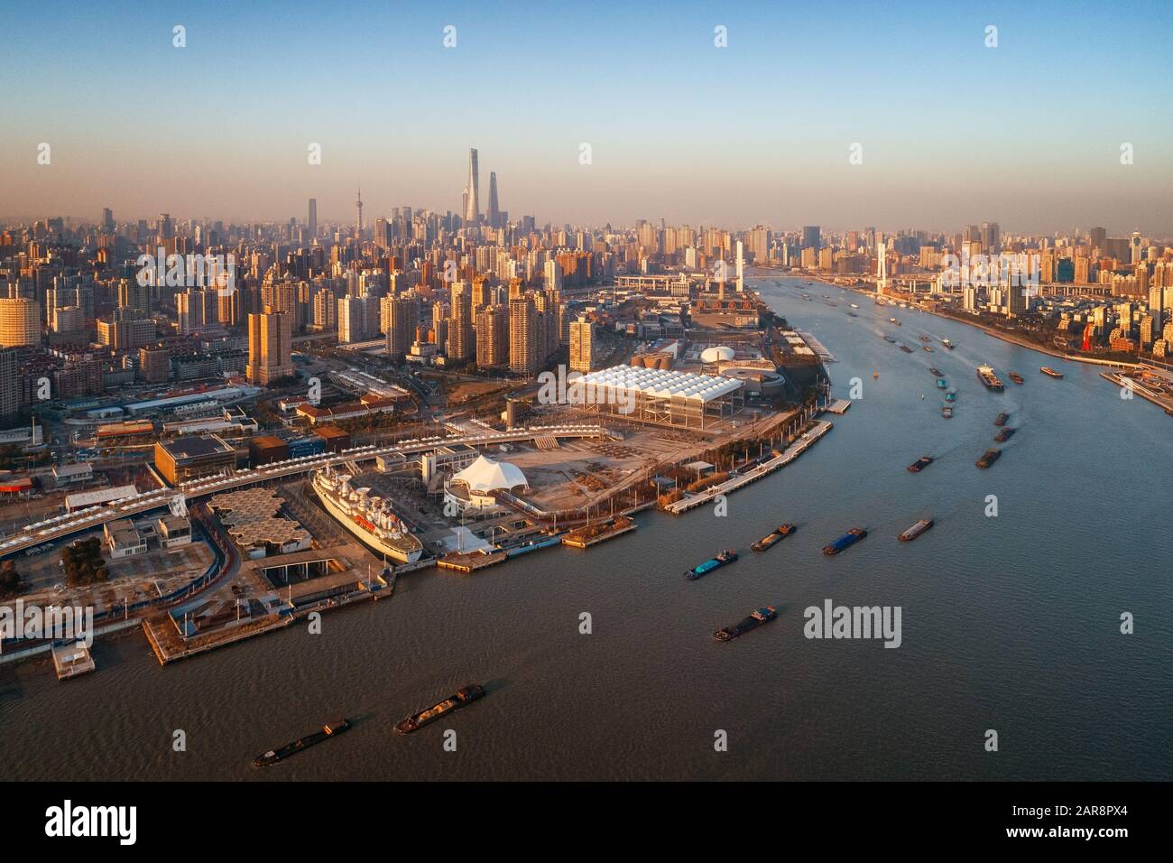 Shanghai aerial view from above with city skyline and skyscrapers in ...