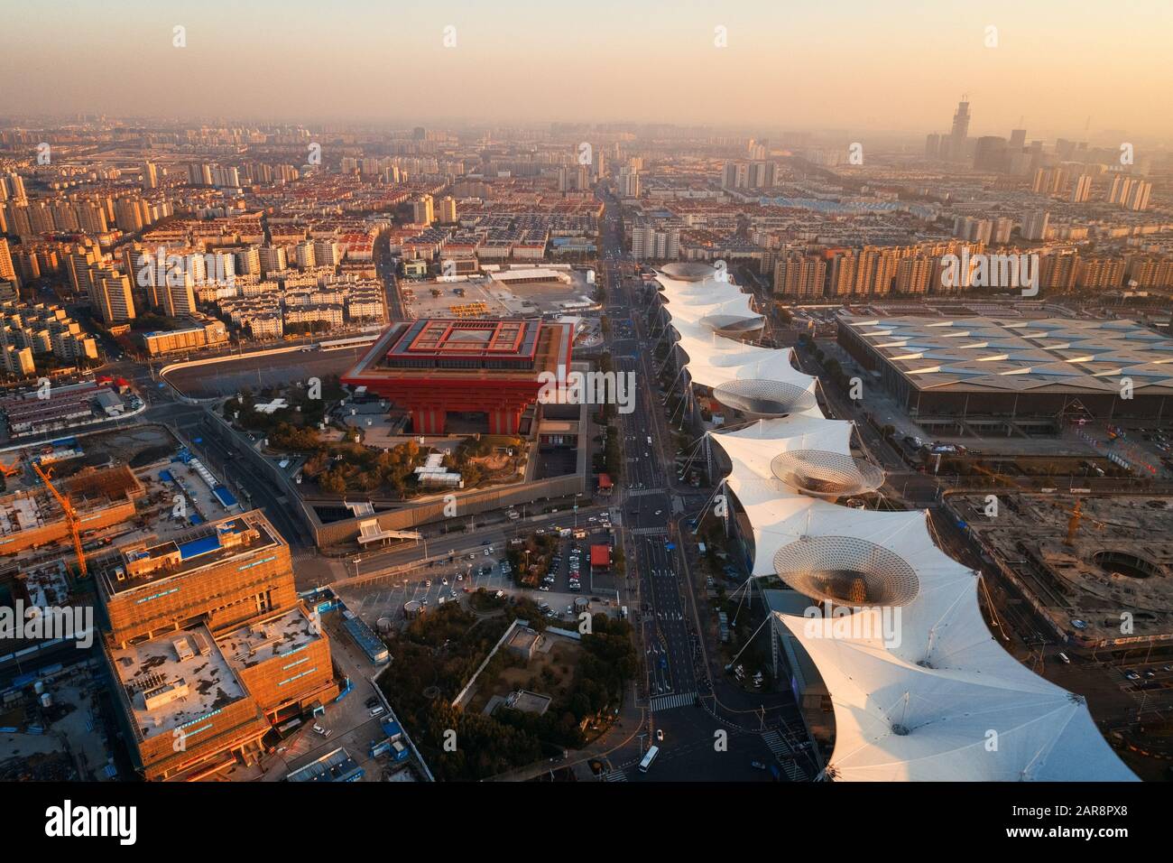 Shanghai Expo Park aerial view from above with city skyline and ...