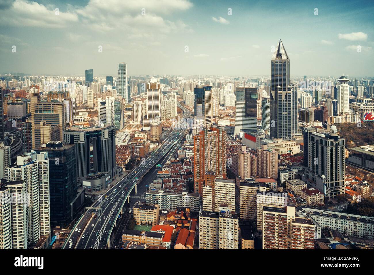 Shanghai aerial view from above with city skyline and skyscrapers in ...