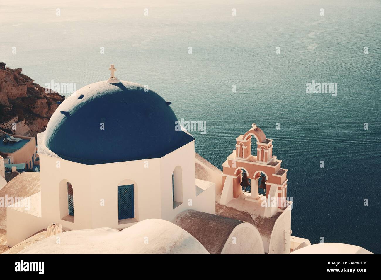 Santorini skyline with blue dome church and buildings in Greece Stock ...