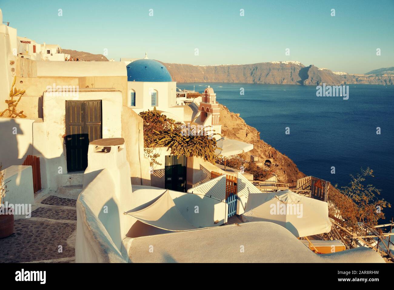 Santorini skyline with buildings in Greece Stock Photo - Alamy
