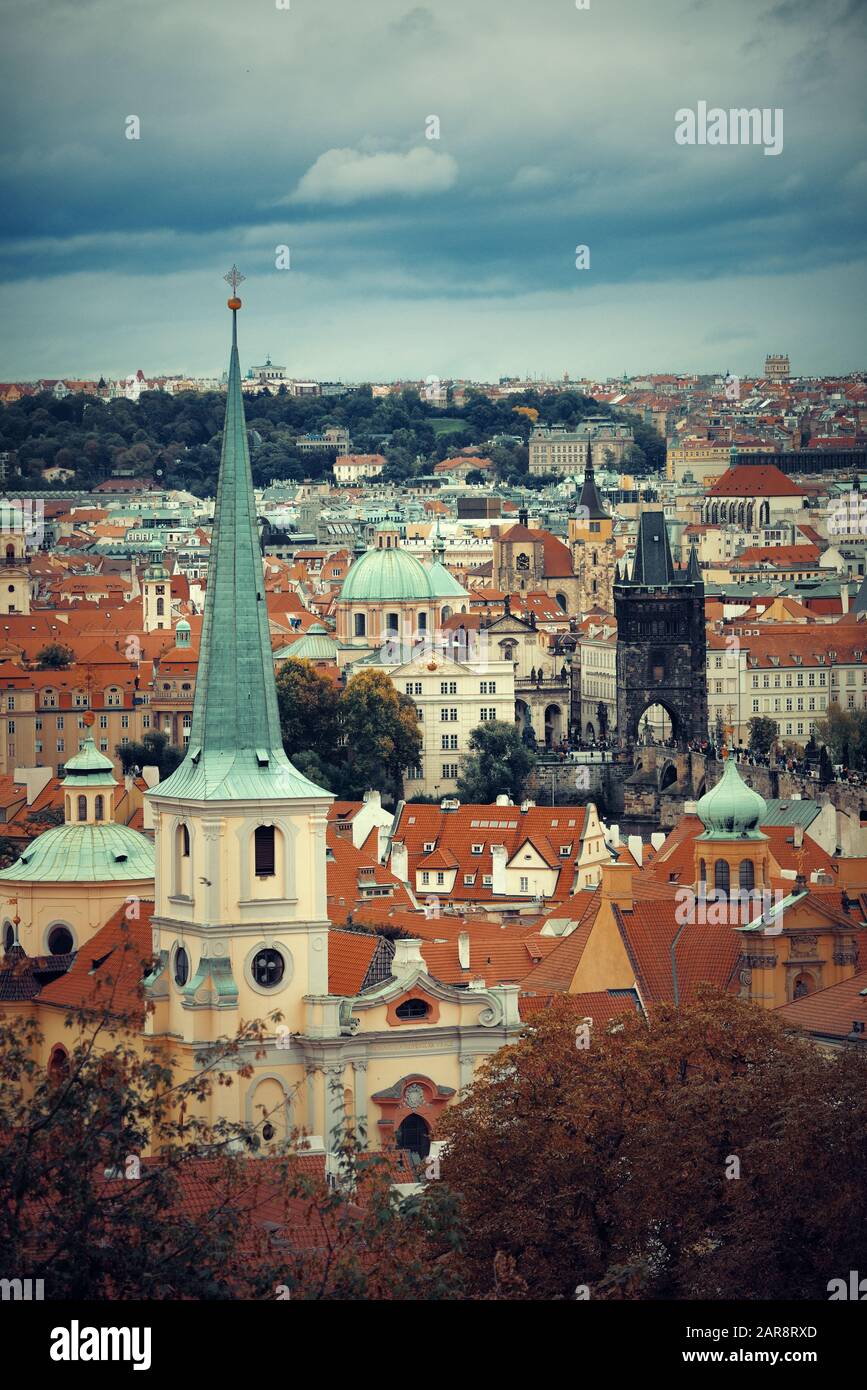 Prague skyline rooftop view with historical buildings in Czech Republic ...
