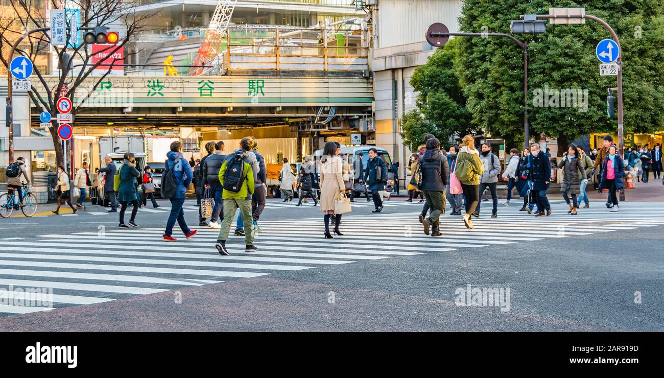 TOKYO, JAPAN, JANUARY - 2019 - People crossing at famous crosswalk at ...
