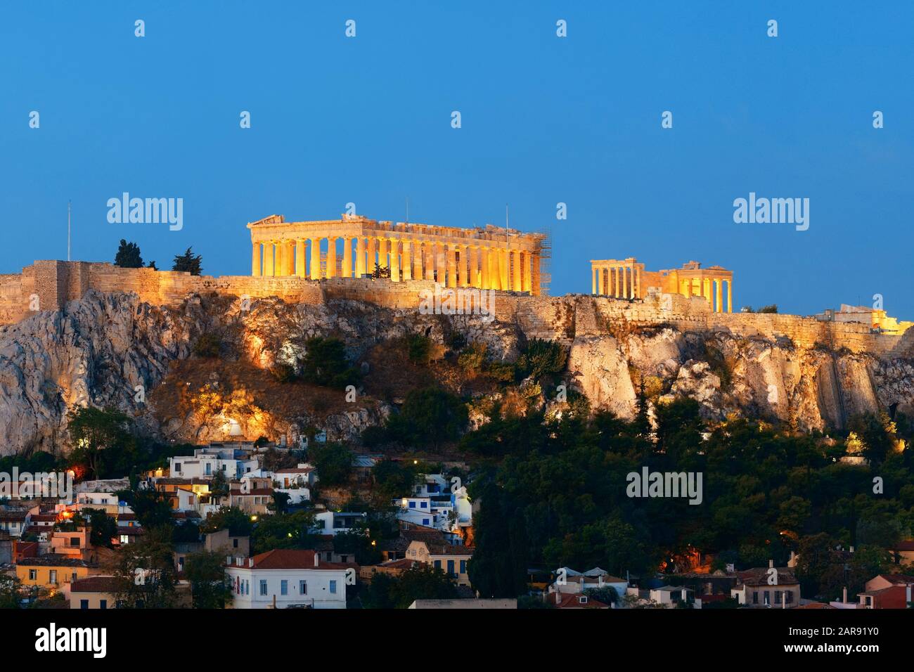Acropolis historical ruins at night viewed from mountain, Greece Stock ...