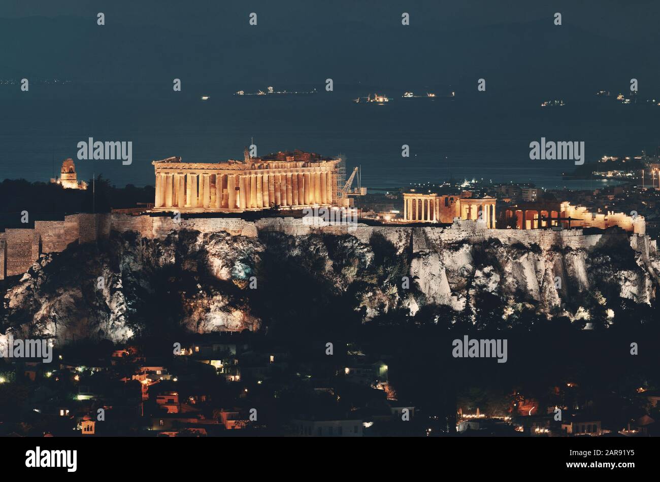 Acropolis historical ruins at night viewed from mountain, Greece Stock ...