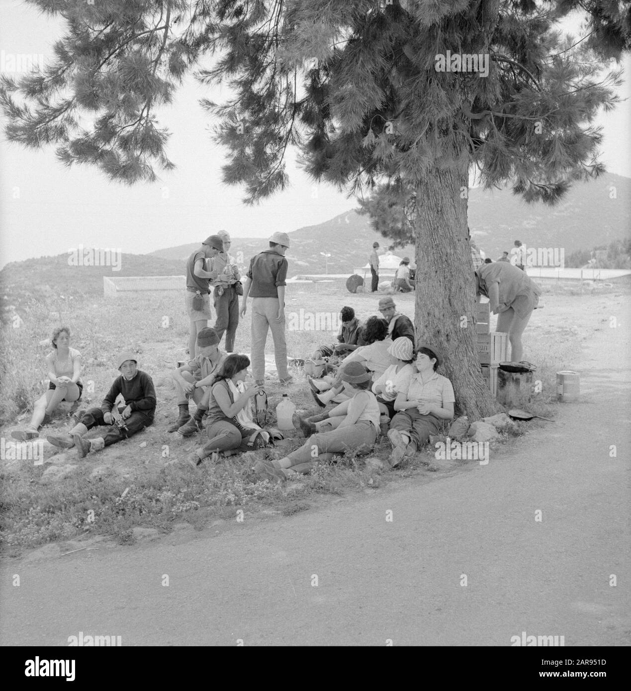 Outing of youth from a kibbutz. A group of young people in the shadow ...