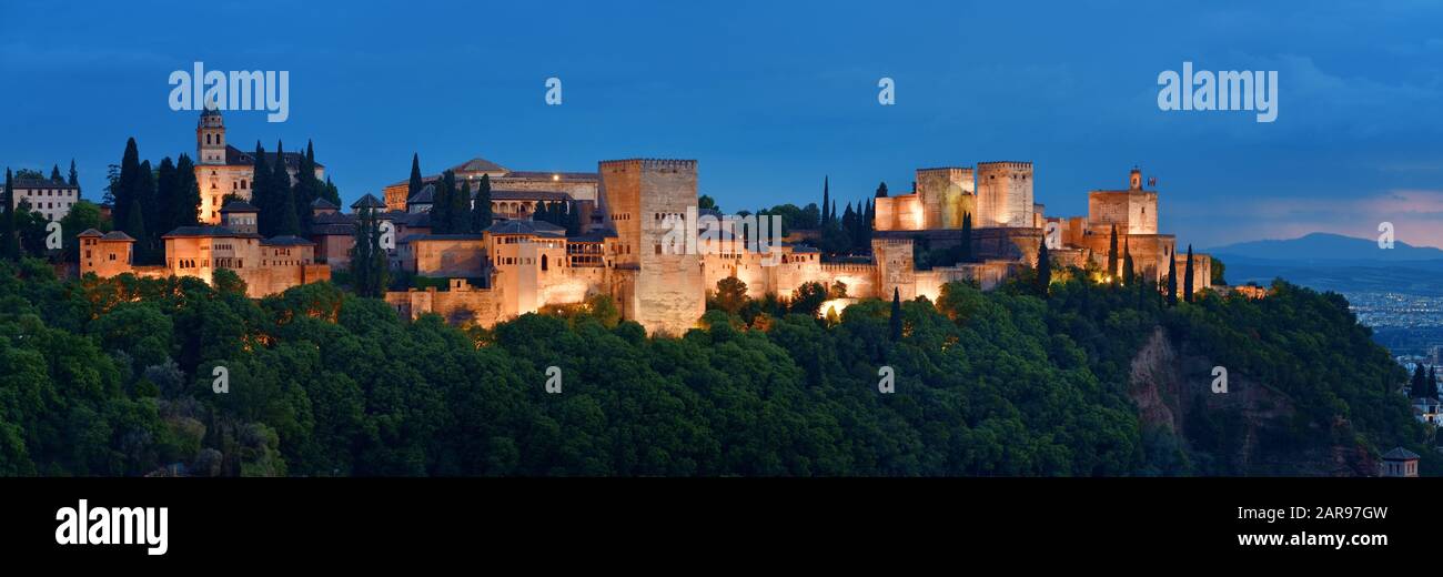 Granada Alhambra panoramic view at night over mountain in Spain Stock ...