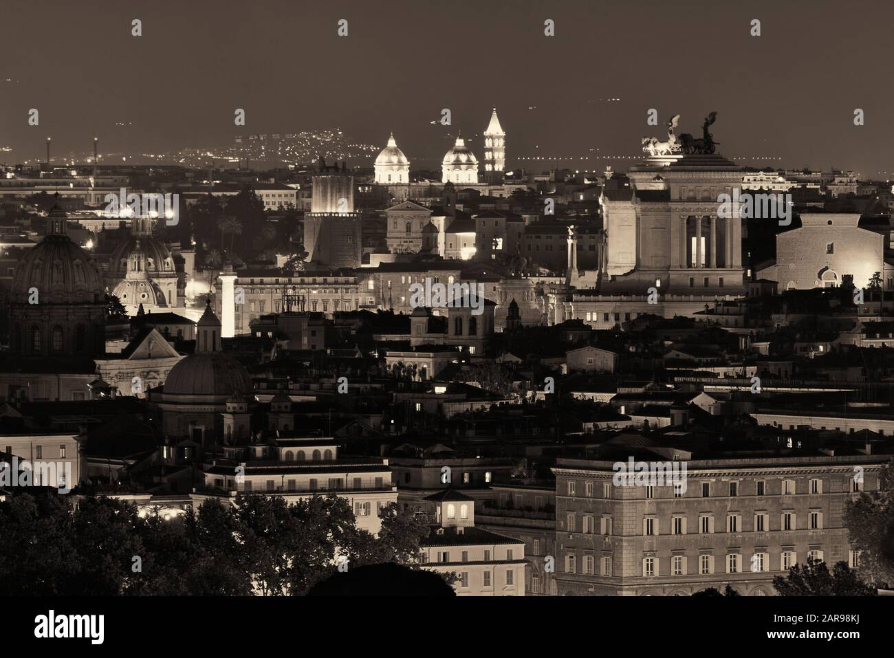 Rome rooftop view with ancient architecture in Italy at night in black ...