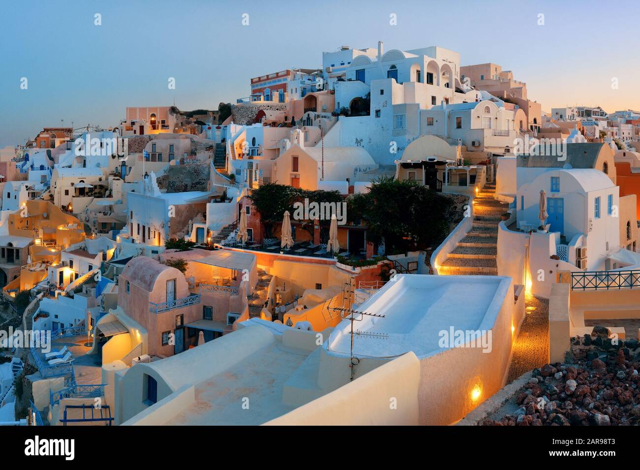 Santorini skyline sunrise with buildings in Greece Stock Photo - Alamy