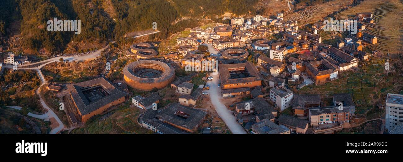 Aerial panorama view of Tulou, the unique dwellings of Hakka in Fujian ...