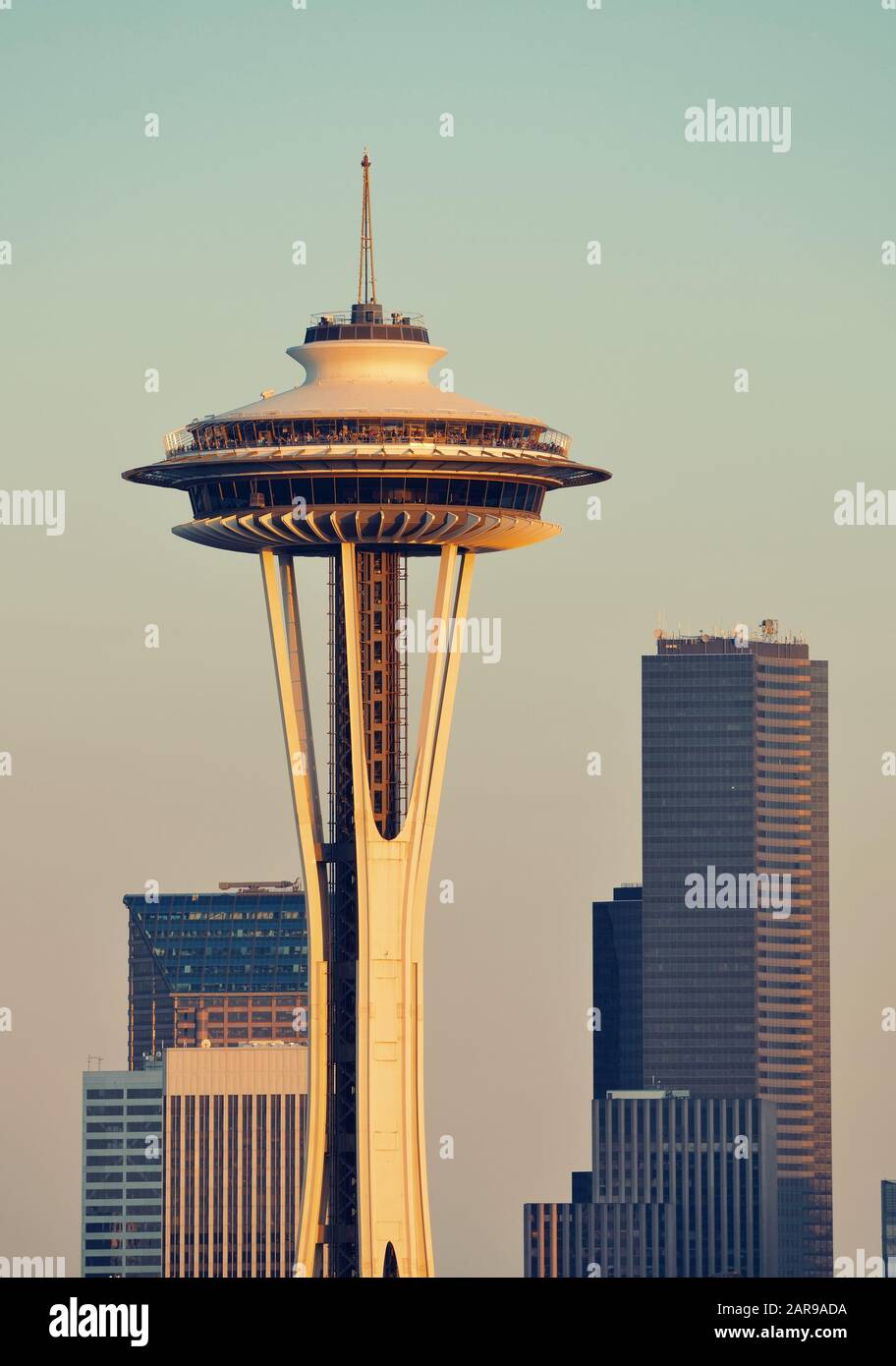 Seattle city skyline at sunset with urban office buildings viewed from ...