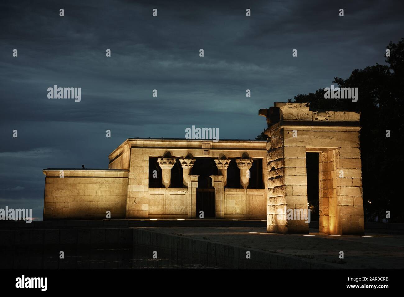 Temple of Debod at night with reflection in Madrid, Spain Stock Photo ...